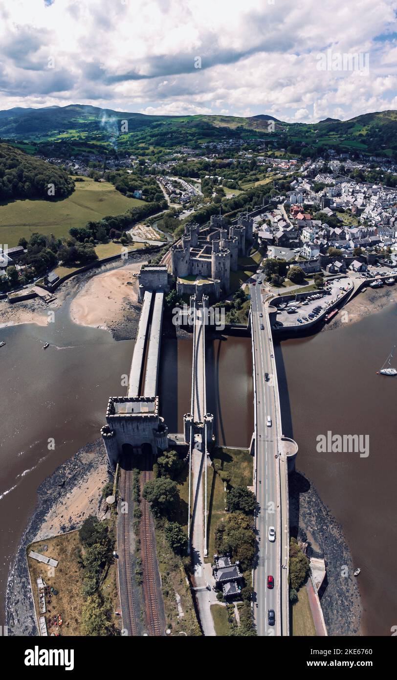 The aerial view of Conwy Castle with bridges. North Wales, United ...