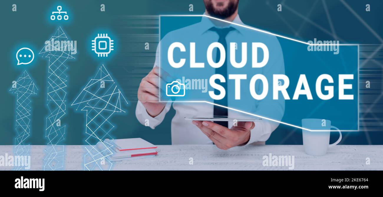 Hand writing sign Cloud Storage. Word for computing connect devices to ...