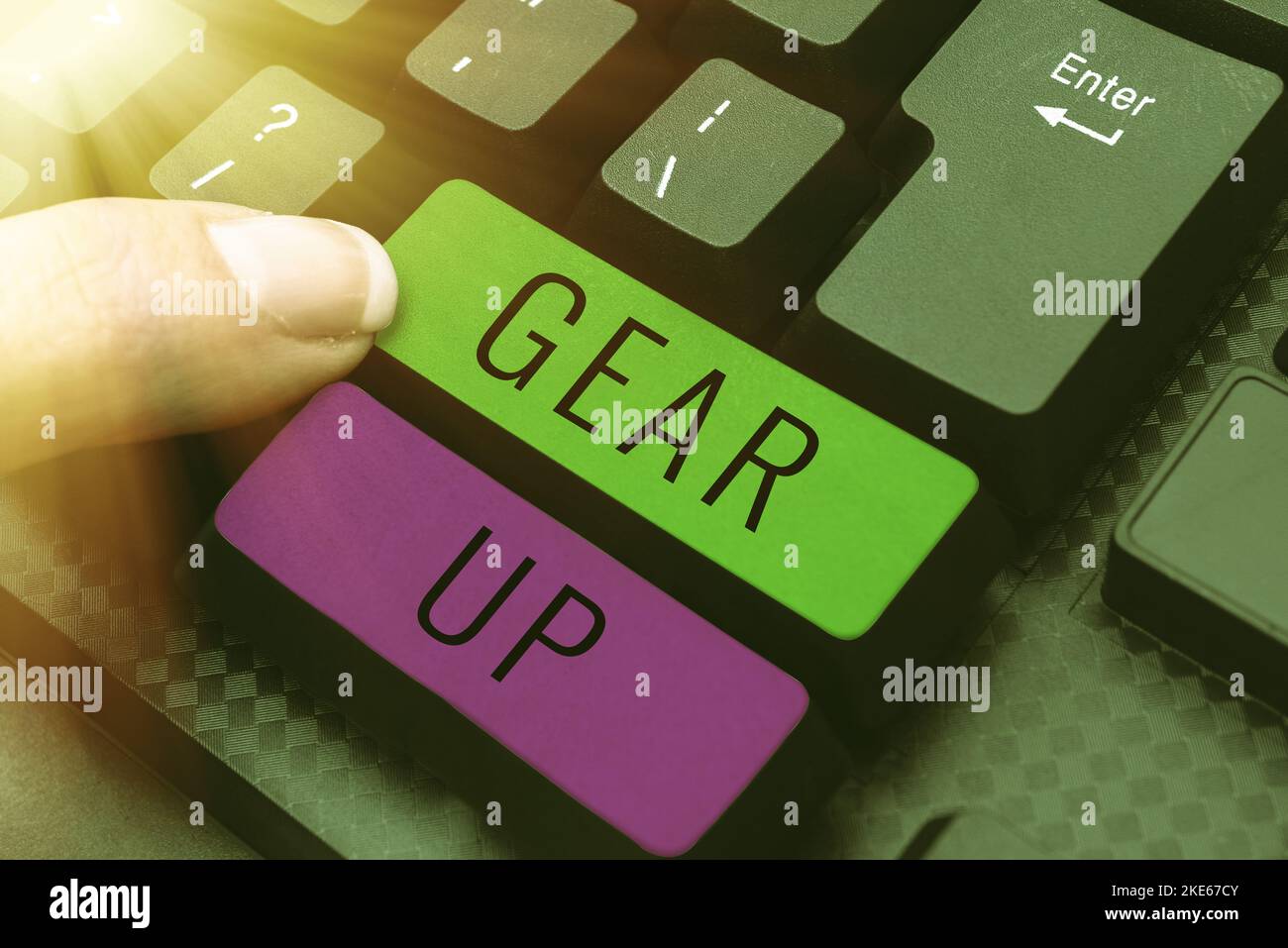 Sign displaying Gear Up. Business overview Asking someone to put his ...