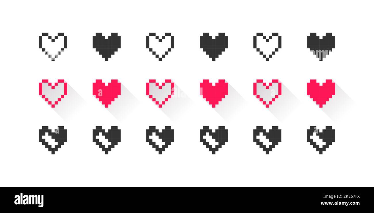 Hearts pixel icons set. Black and red pixel icons. Pixel art hearts on ...