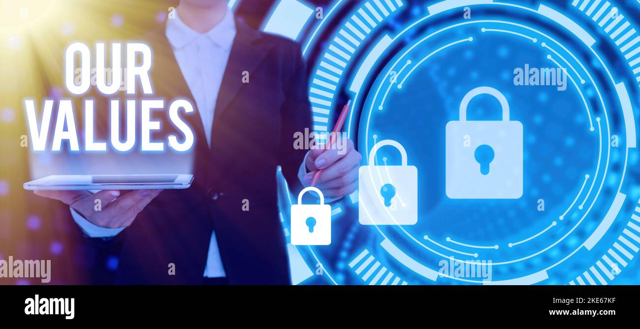 Conceptual caption Our Values. Business idea list of morals companies ...