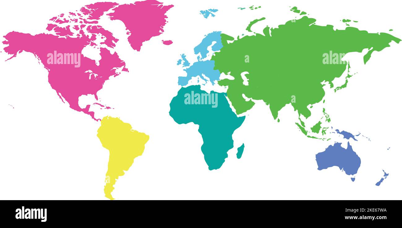 A digital illustration of a world map with different colored continents ...