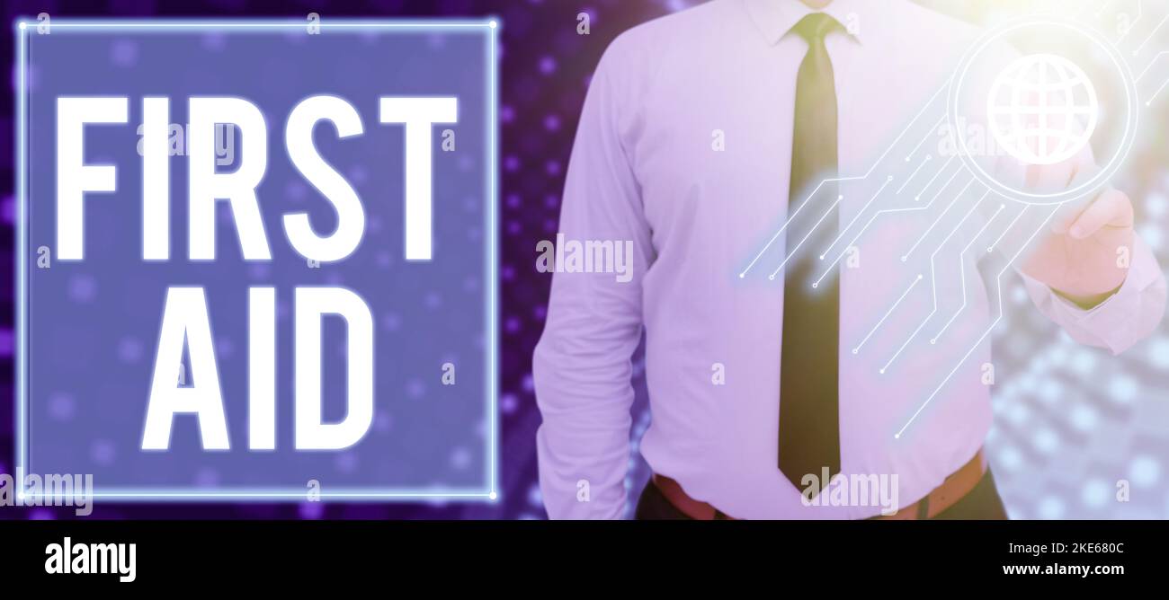 Hand writing sign First Aid. Concept meaning Practise of healing small ...