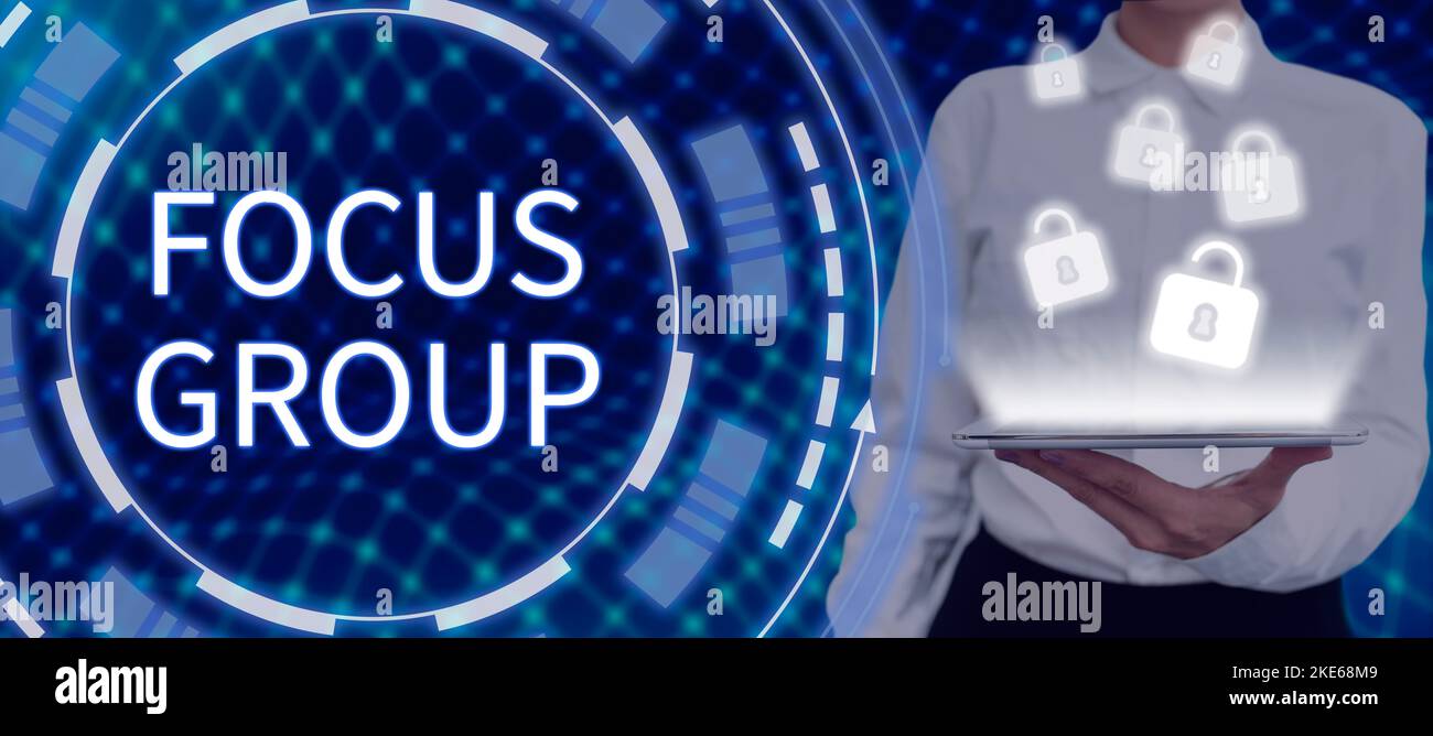 Sign displaying Focus Group. Business showcase consist of ...