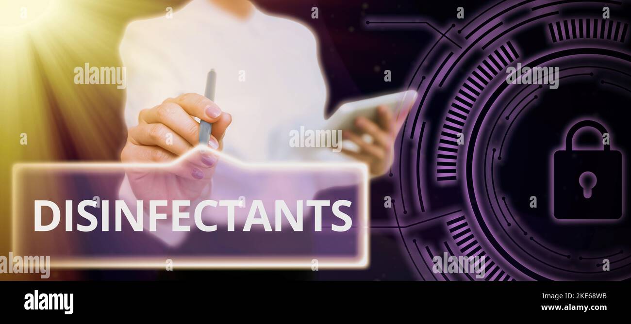 Text sign showing Disinfectants. Business overview chemical that ...