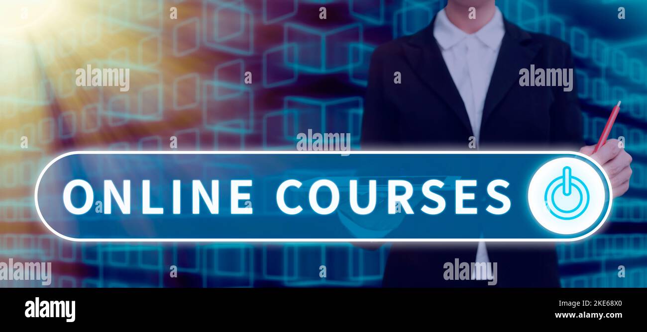 Hand writing sign Online Courses. Word Written on earning an education ...