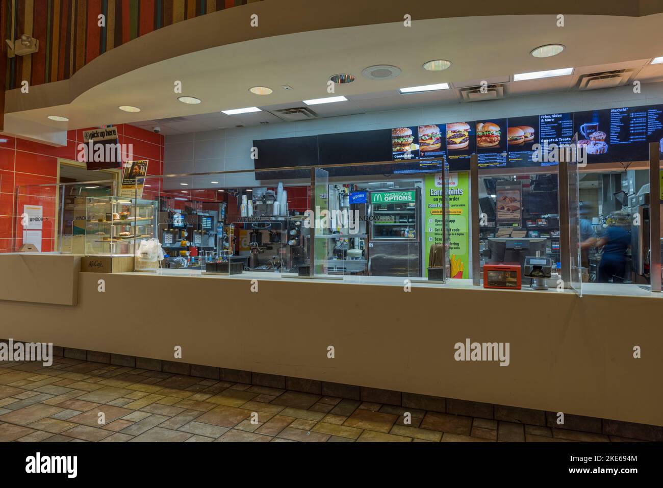 Close up view of colorful customers desk of McDonald's restaurant. Fast ...