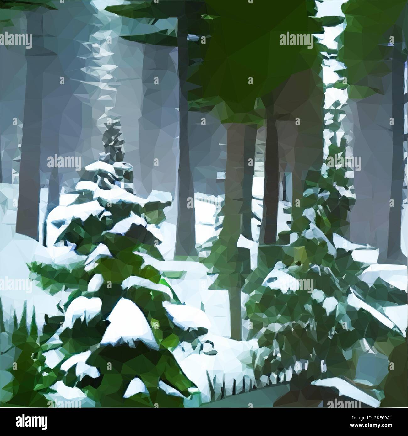 forest in winter. Snow and fog in a coniferous forest. Vector with ...