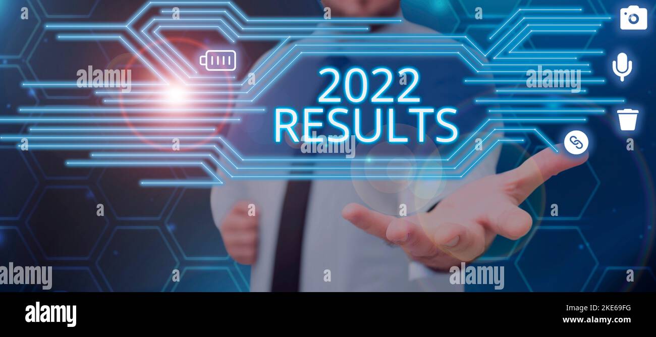 Hand writing sign 2022 Results. Word Written on any outcome of an action or event that happens ...