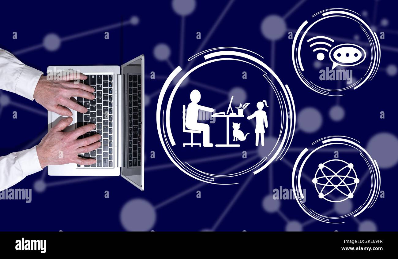 Top view of hands using laptop with symbol of home office concept Stock ...