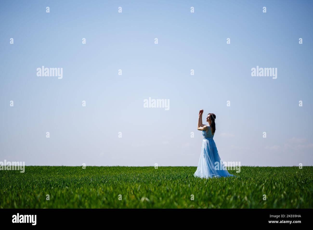 Woman in a blue long dress on a background of green field. Fashion ...