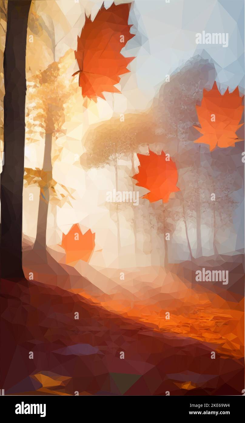 Autumn in a deciduous forest. The sun warms the ground fog. Vector ...