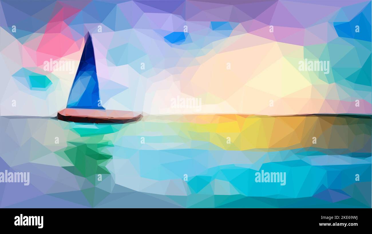 Sailboat sailing on calm water at sunset. Vector illustration made of ...