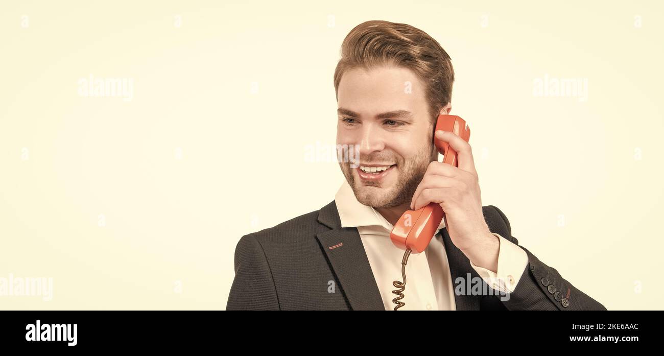 Hes retro cool. Happy boss on vintage telephone. Old-fashioned ...