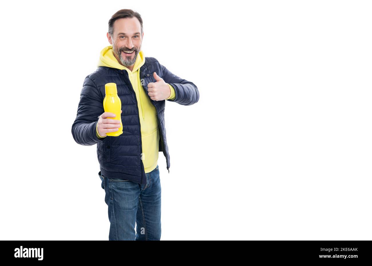 grizzled man hold water bottle show thumb up isolated on white ...