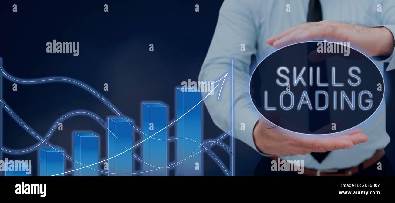 Hand writing sign Skills Loading. Business showcase points out the degree of difficulty when ...