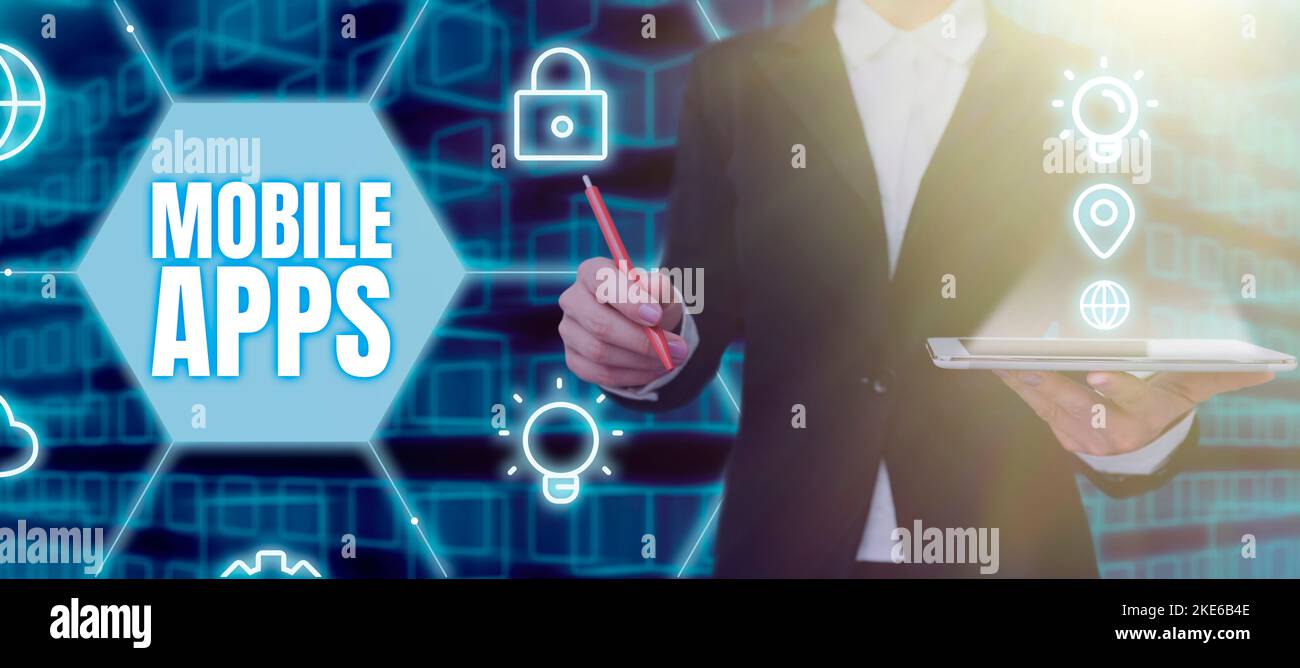 Conceptual caption Mobile Apps. Word for a software application designed to run on handheld ...