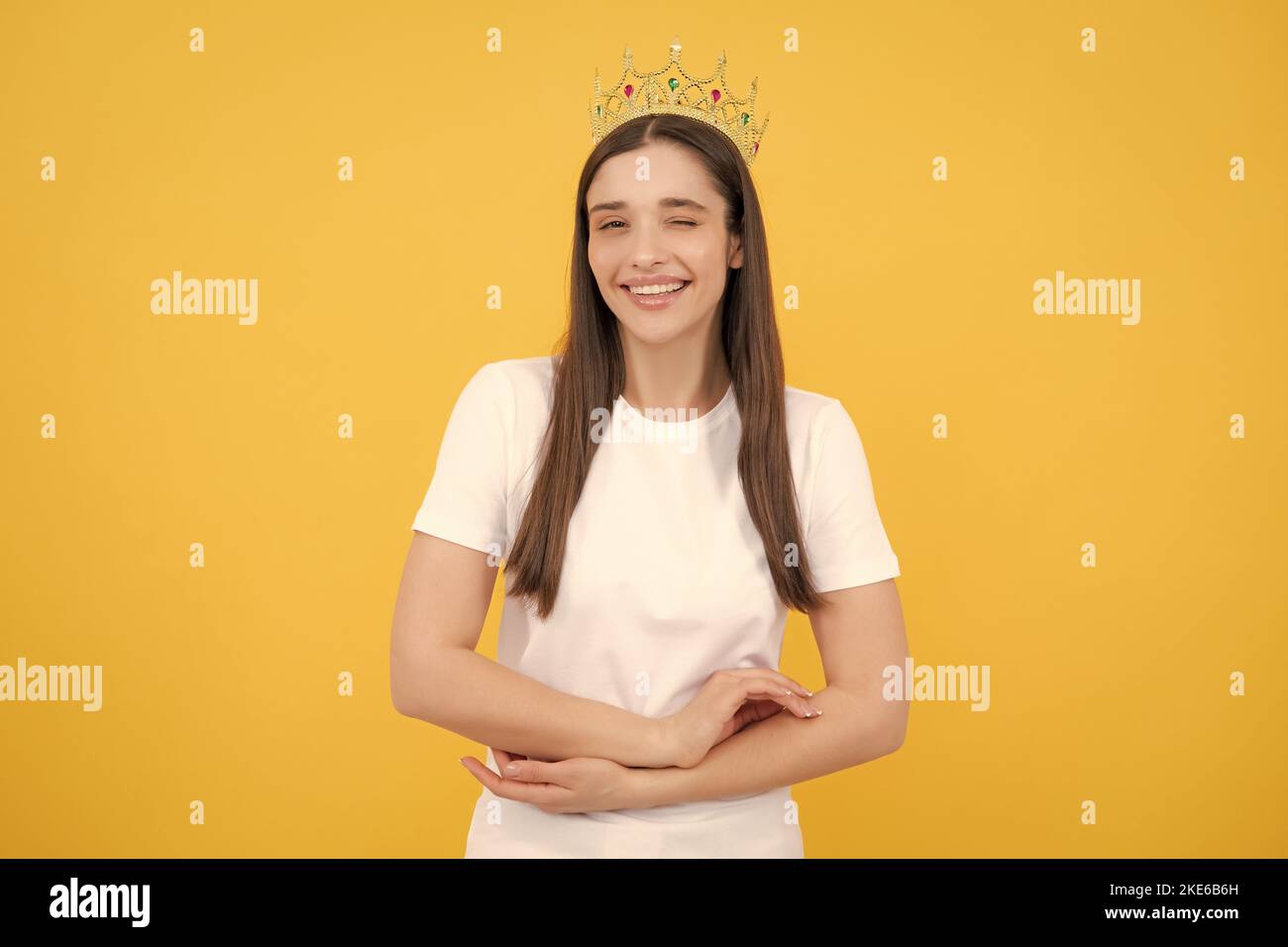 Proud arrogant woman with gold crown. Happy woman in crown, self ...