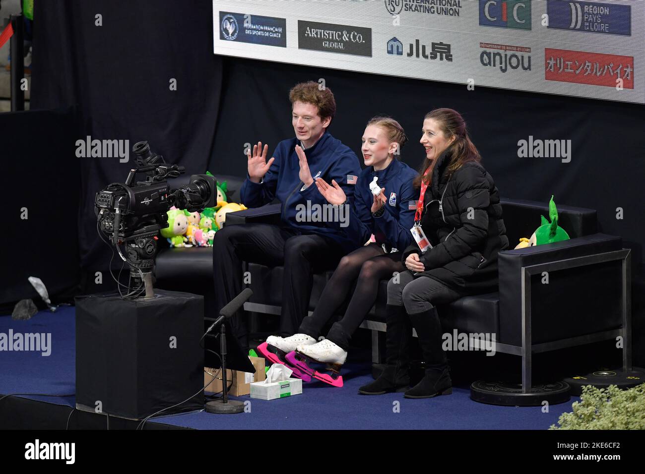 Maria Mokhova and Ivan Mokhov (USA), at Kiss & Cry during Pairs Free ...