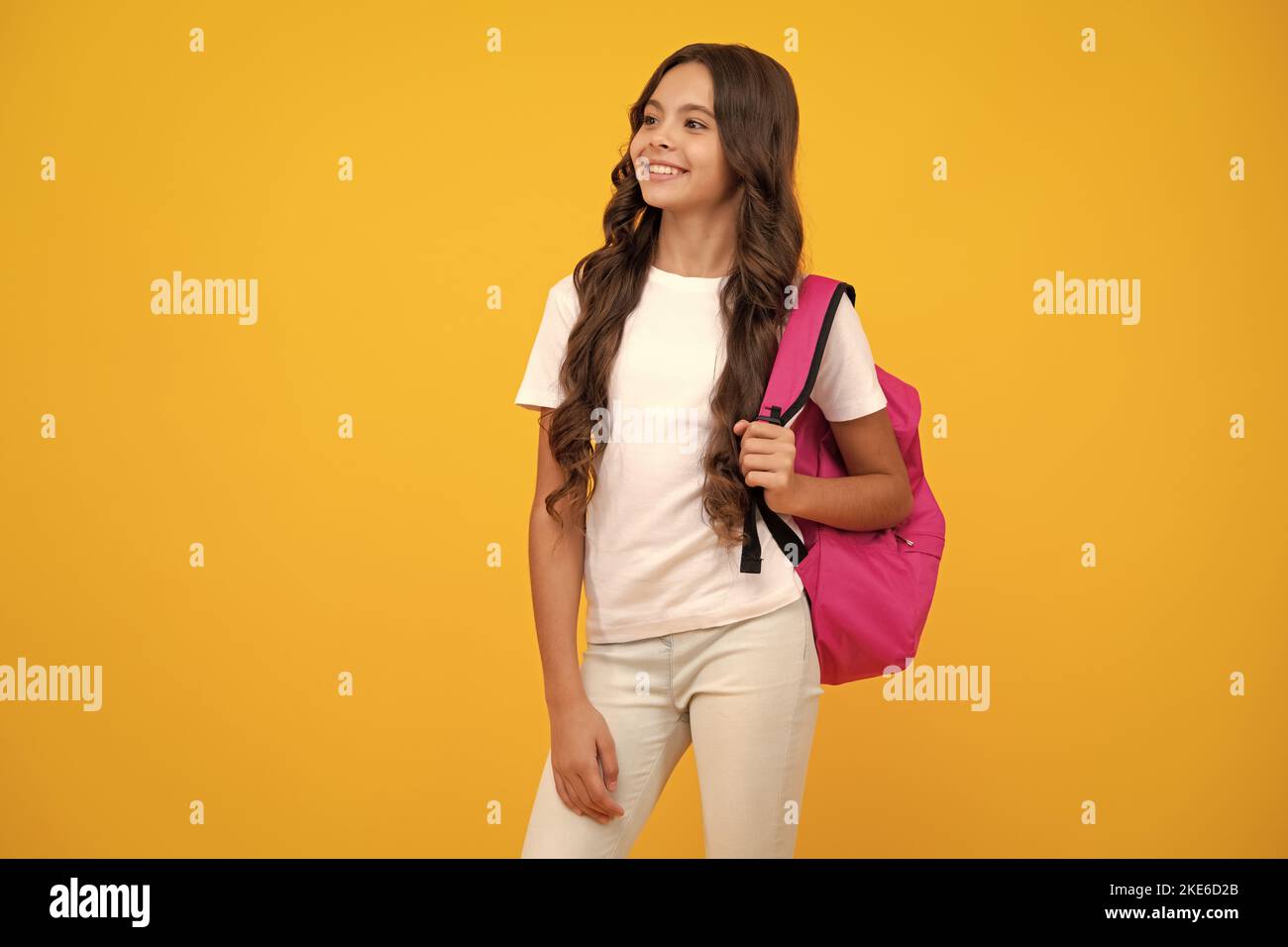 School girl with backpack. Teenager student, isolated background ...