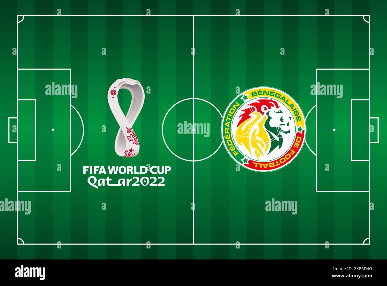 Soccer field seen from above with the emblem of the football federation of Senegal, Qatar 2022 ...