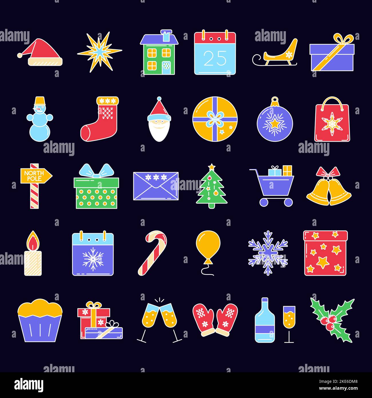 Set of Christmas icons in colored line style. 30 Christmas and New Year ...