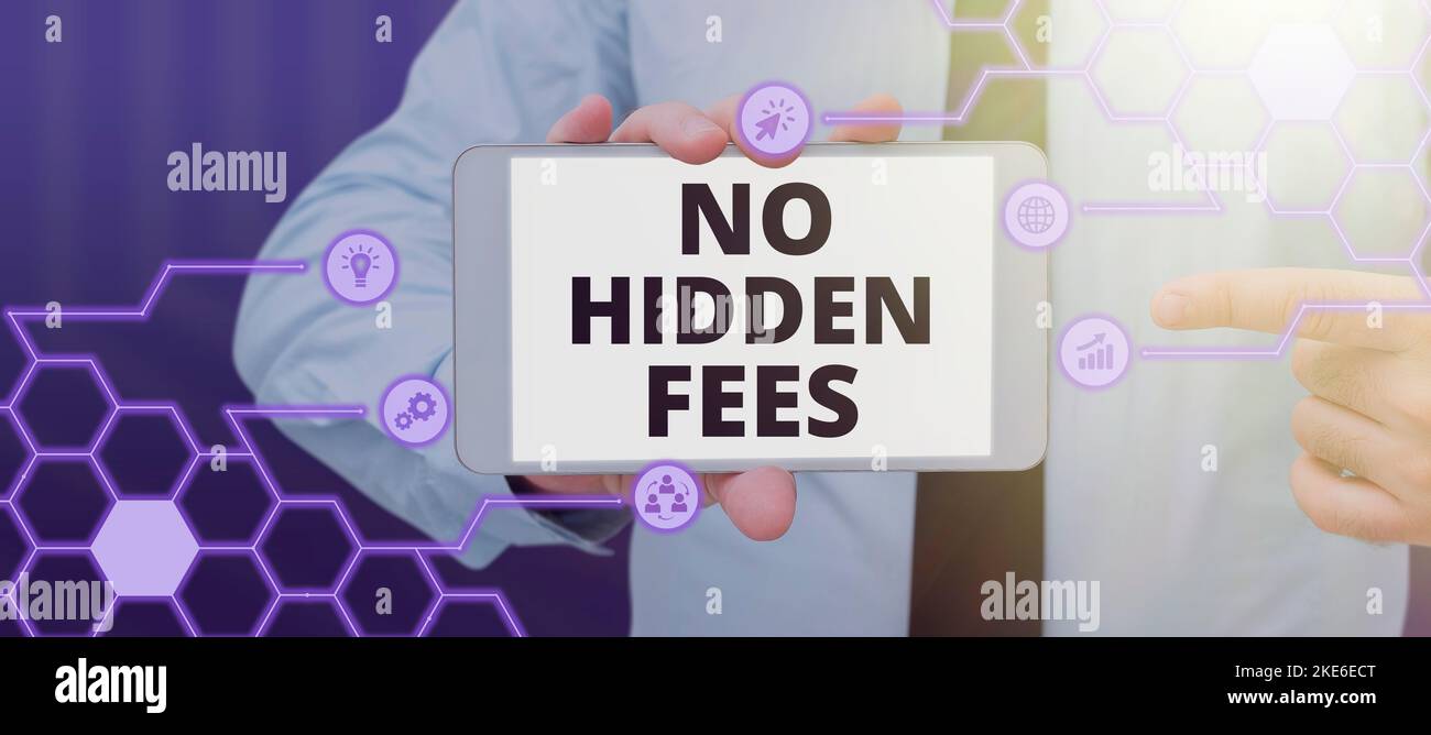 Hand writing sign No Hidden Fees. Internet Concept without or zero bank ...