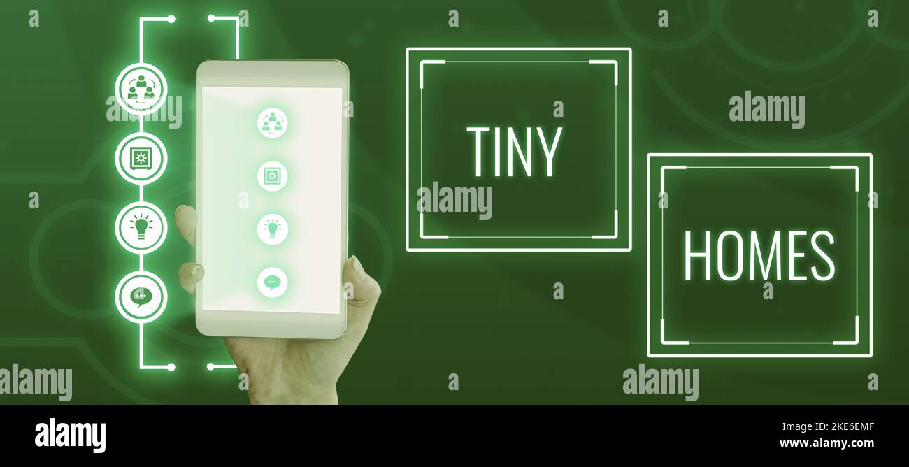 Sign displaying Tiny Homes. Business approach houses contain one room ...