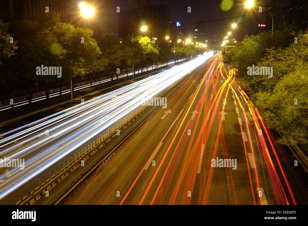 Colorful light trails of north second ring road traffic flow in Beijing ...