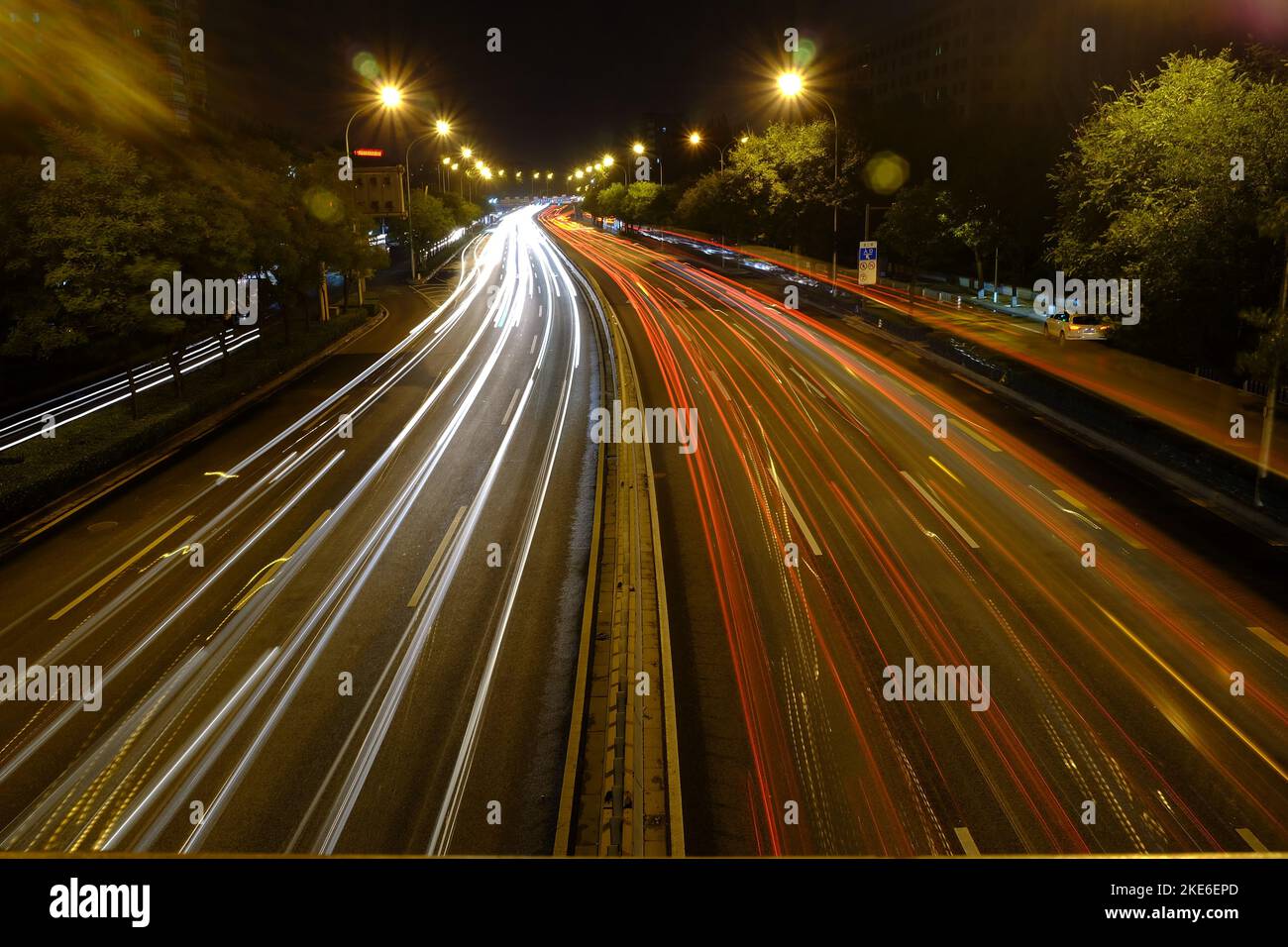 Colorful light trails of north second ring road traffic flow in Beijing ...
