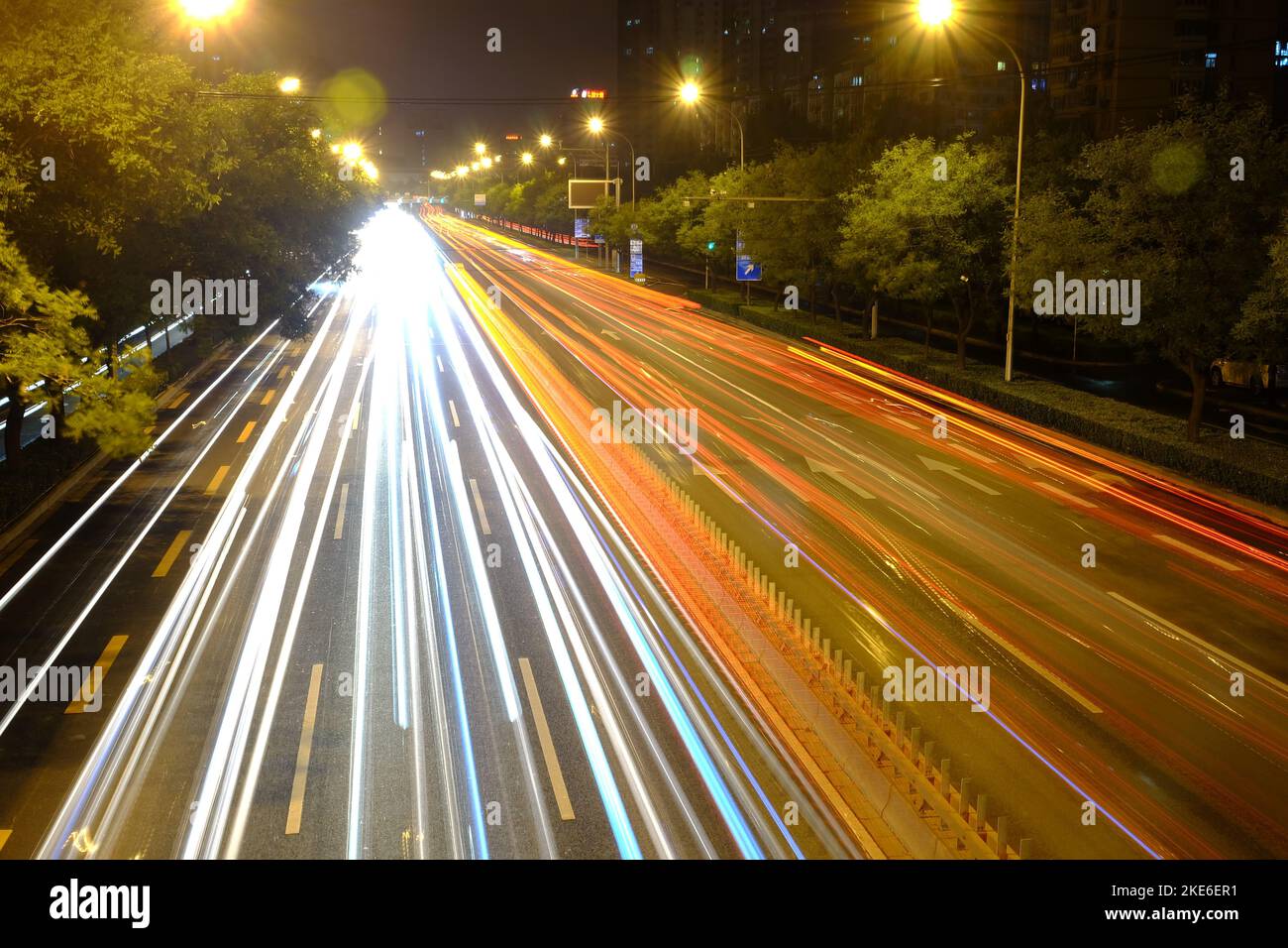 Colorful light trails of north second ring road traffic flow in Beijing ...