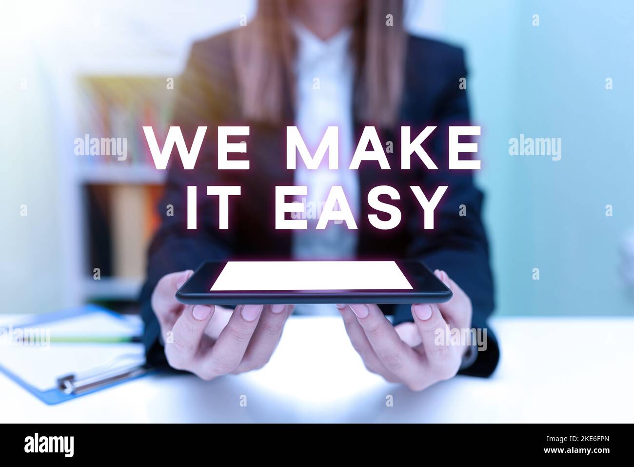 Sign displaying We Make It Easy. Business overview Offering solutions ...