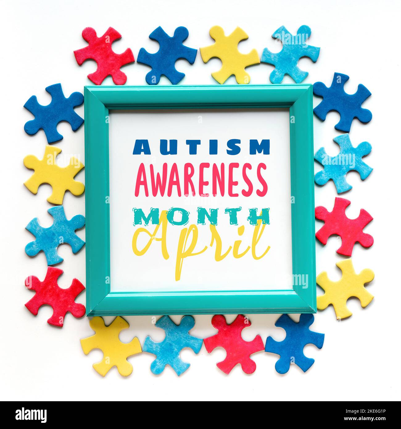 Text World Autism Awareness Month, frame with puzzle pieces. Banner ...
