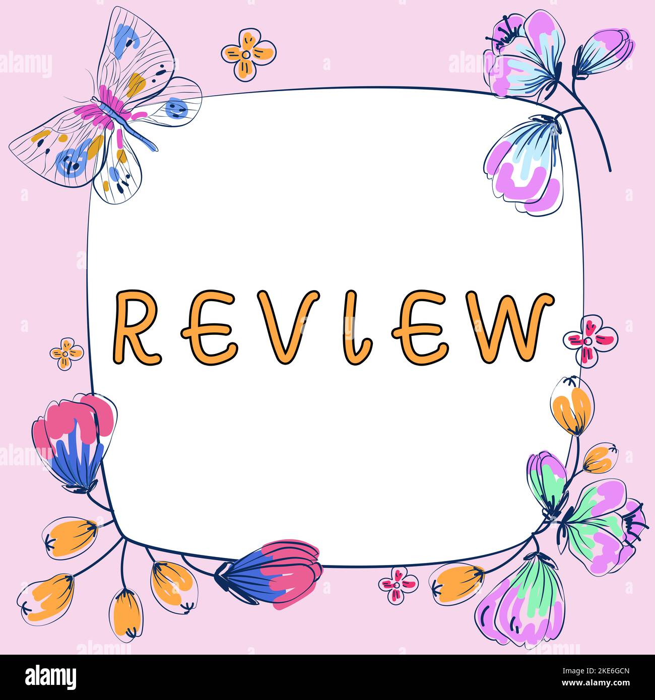 Sign displaying Review. Business overview evaluates the work in ...