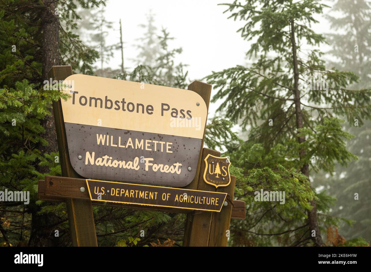 The Tombstone Pass surrounded by trees on a rainy day in the Willamette ...
