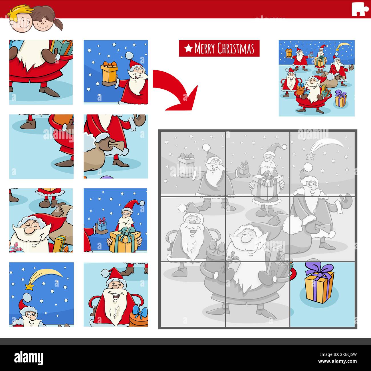 Cartoon illustration of educational jigsaw puzzle game for children ...