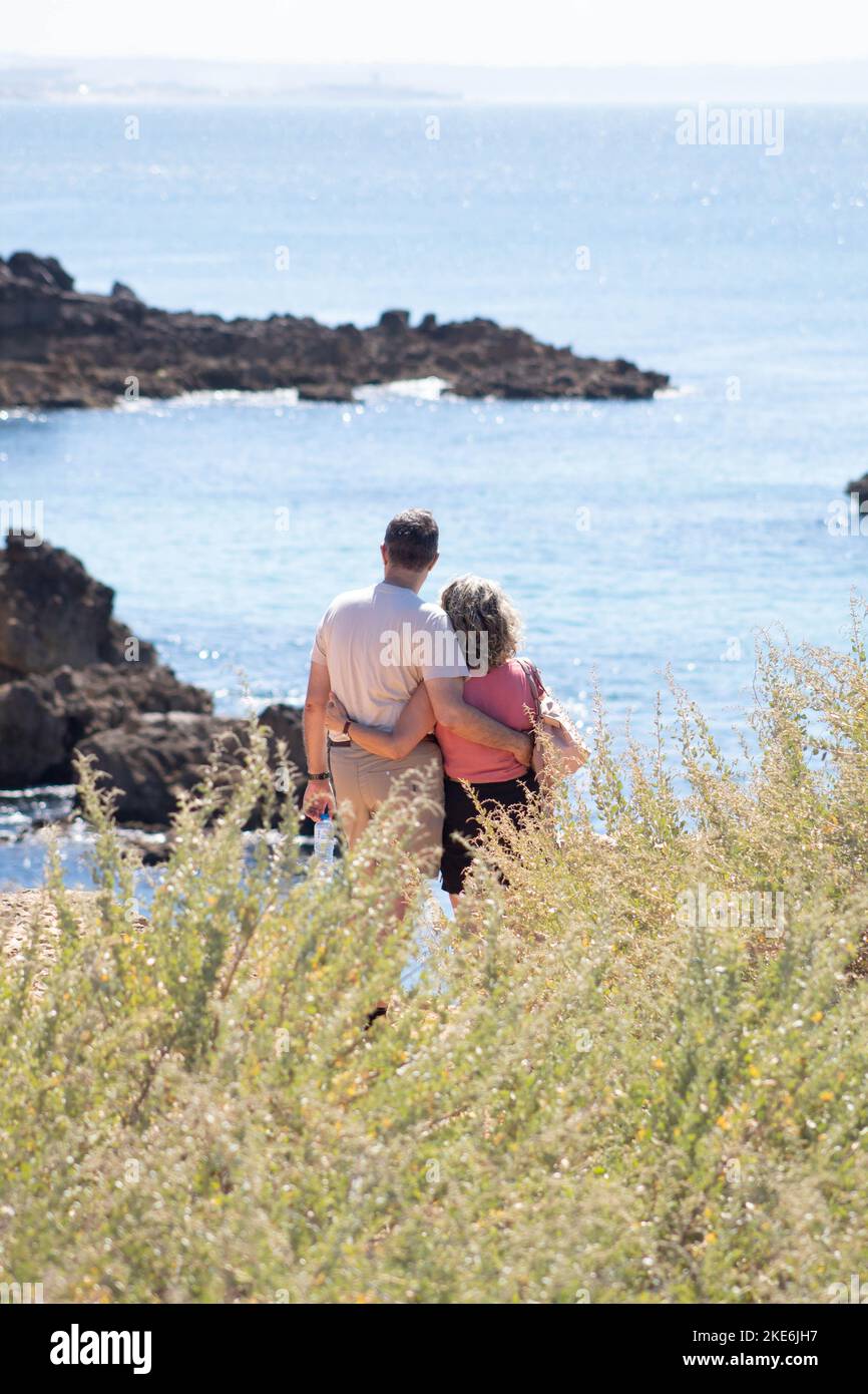 A vertical shot of a hugging couple enjoying the view of the sea on a ...