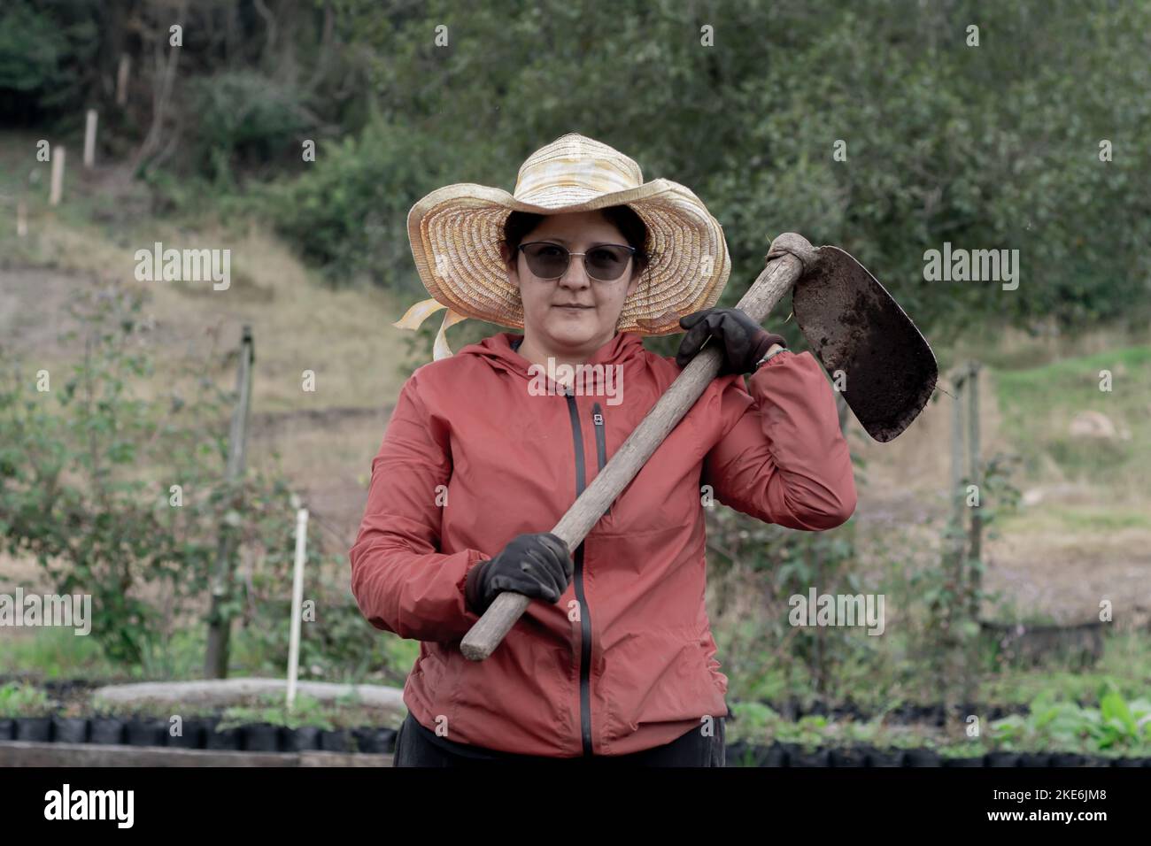 A closeup of a Caucasian woman working in a garden with a shovel Stock ...