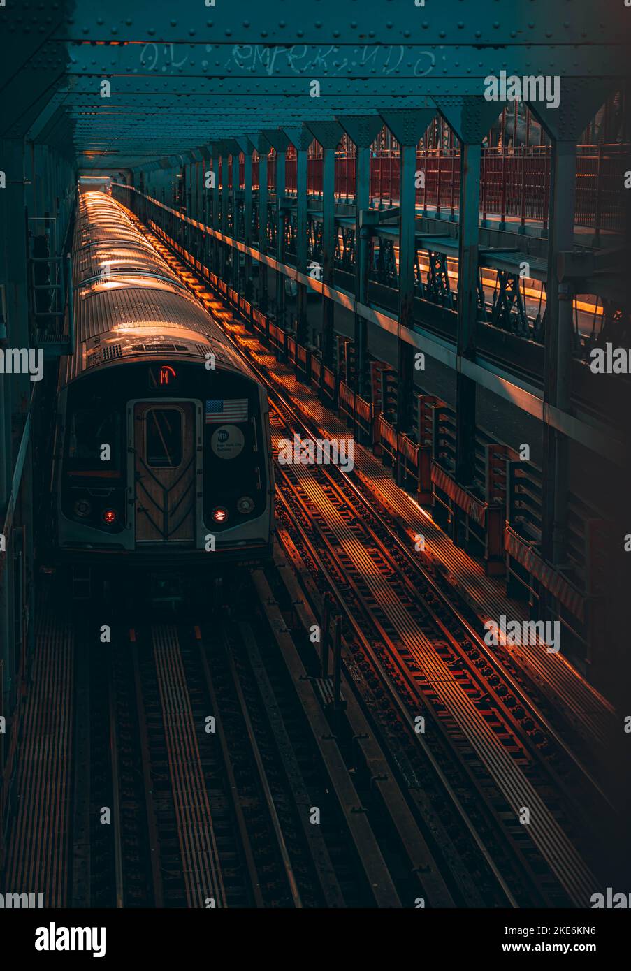 A vertical shot of train in a Williamsburg Bridge, New York City subway ...