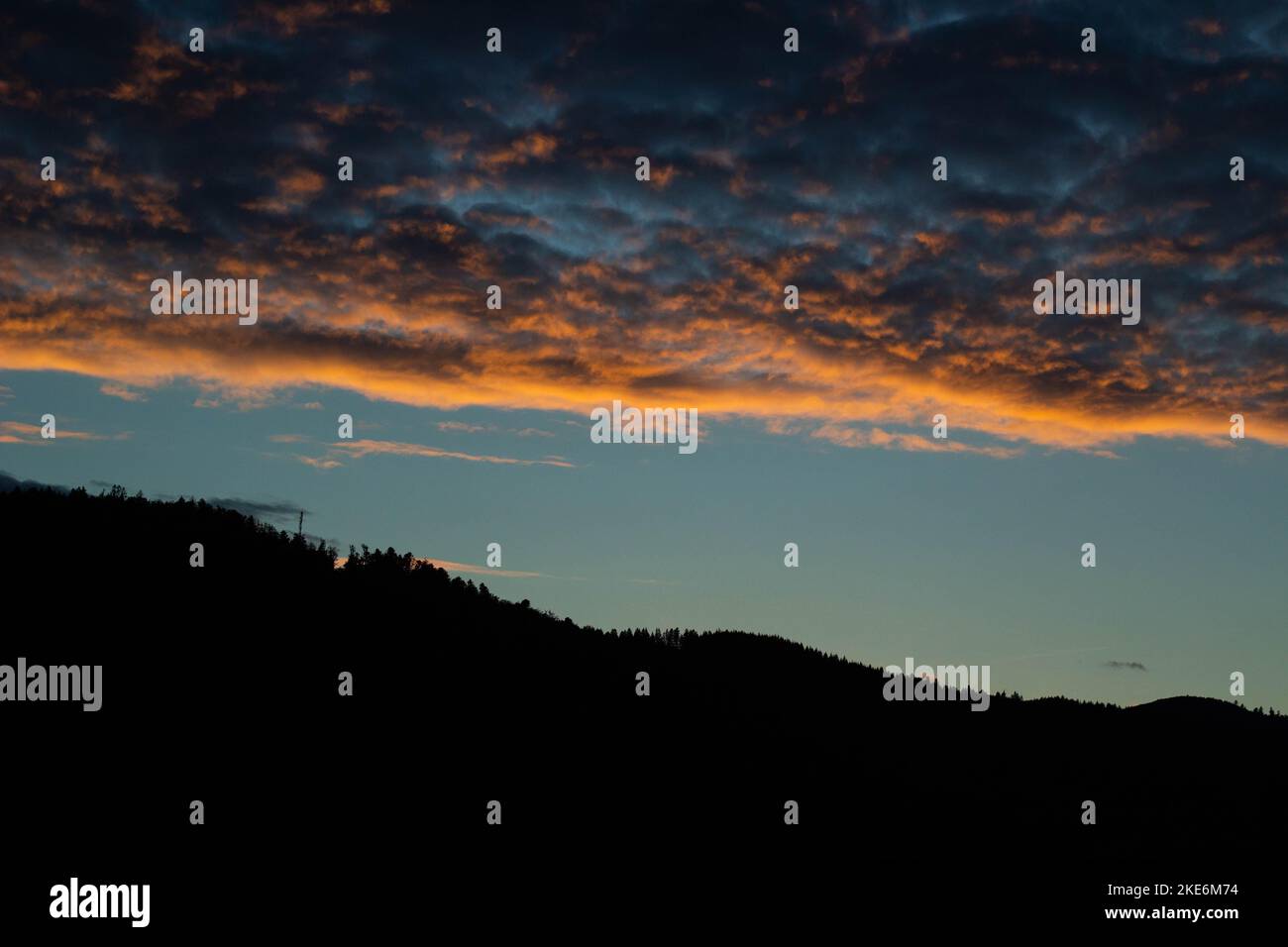 A silhouette of treetops under a cloudy sunset sky Stock Photo - Alamy