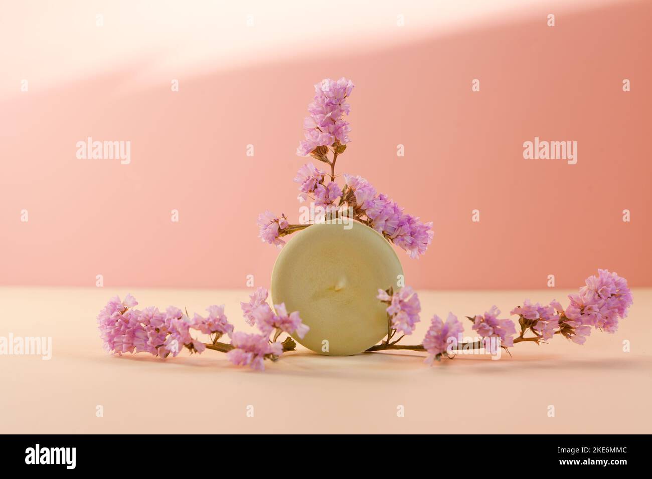 solid shampoo in sunlight with dried pink flowers. Eco friendly bar on ...