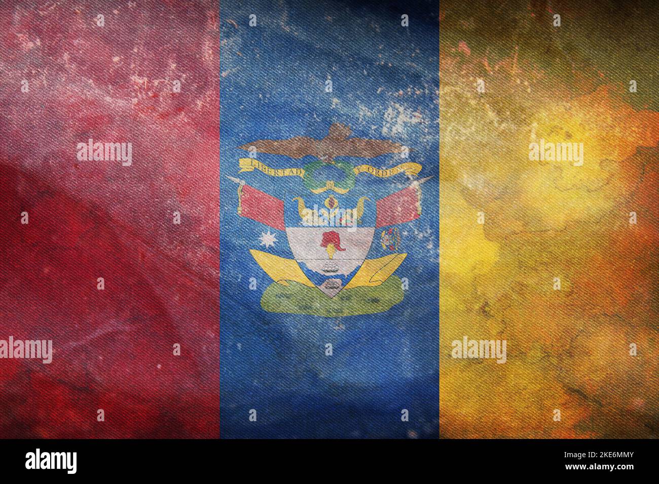 Top view of retro flag Naval ensign of New Granada Colombia with grunge texture. Colombian ...