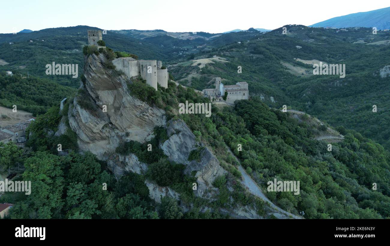 An aerial view of the beautiful Medieval Castle of Roccascalegna on a ...