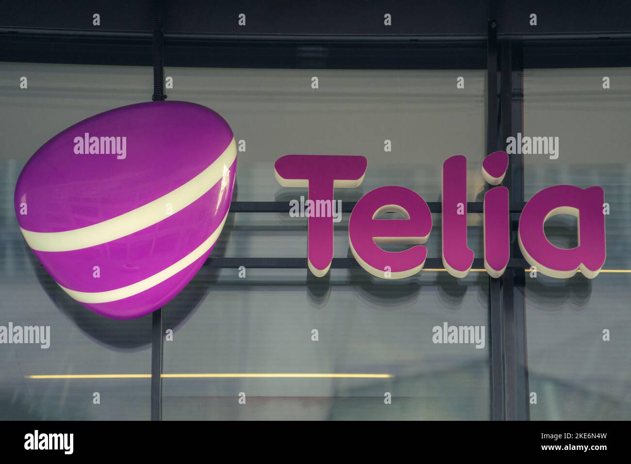 Vilnius, Lithuania - November 9, 2022: Telia logo on office building. Telia is Swedish ...