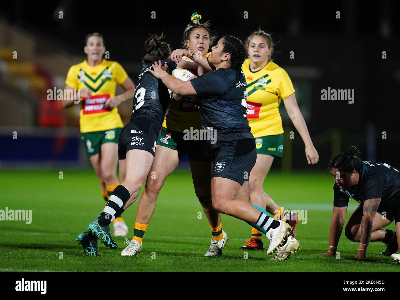 Australia's Shannon Mato is tackled by New Zealand's Georgia Hale and ...