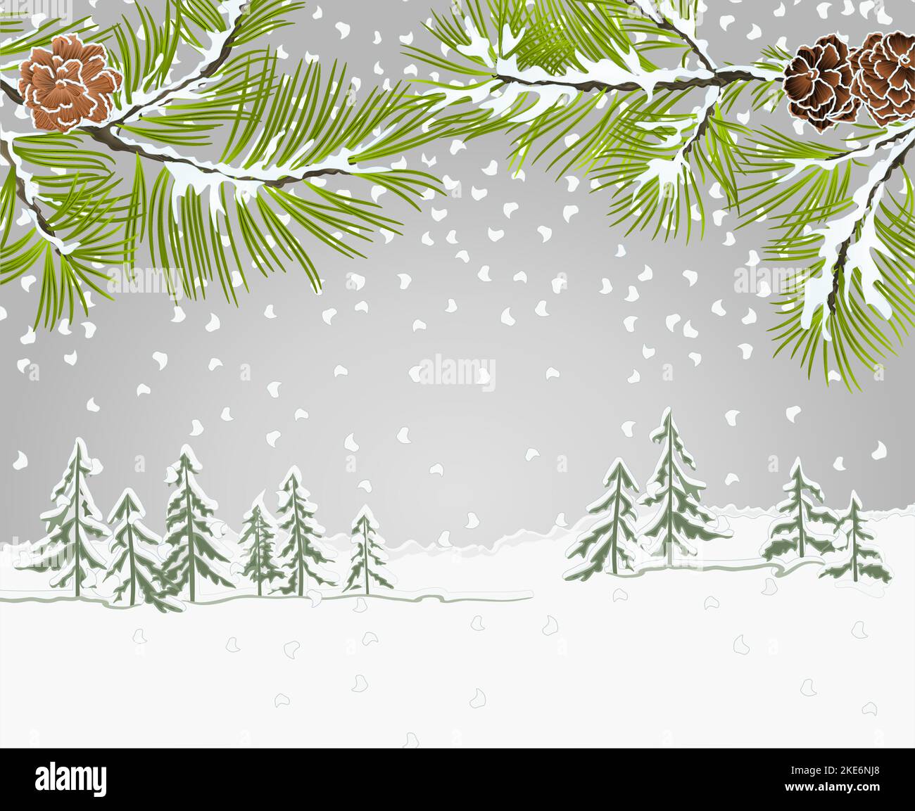 Winter landscape pine branches with snow and pine cones christmas theme ...