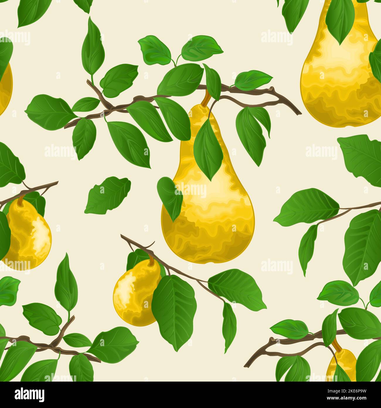 Seamless texture branch of pears with yellow ripe pear and leaves ...