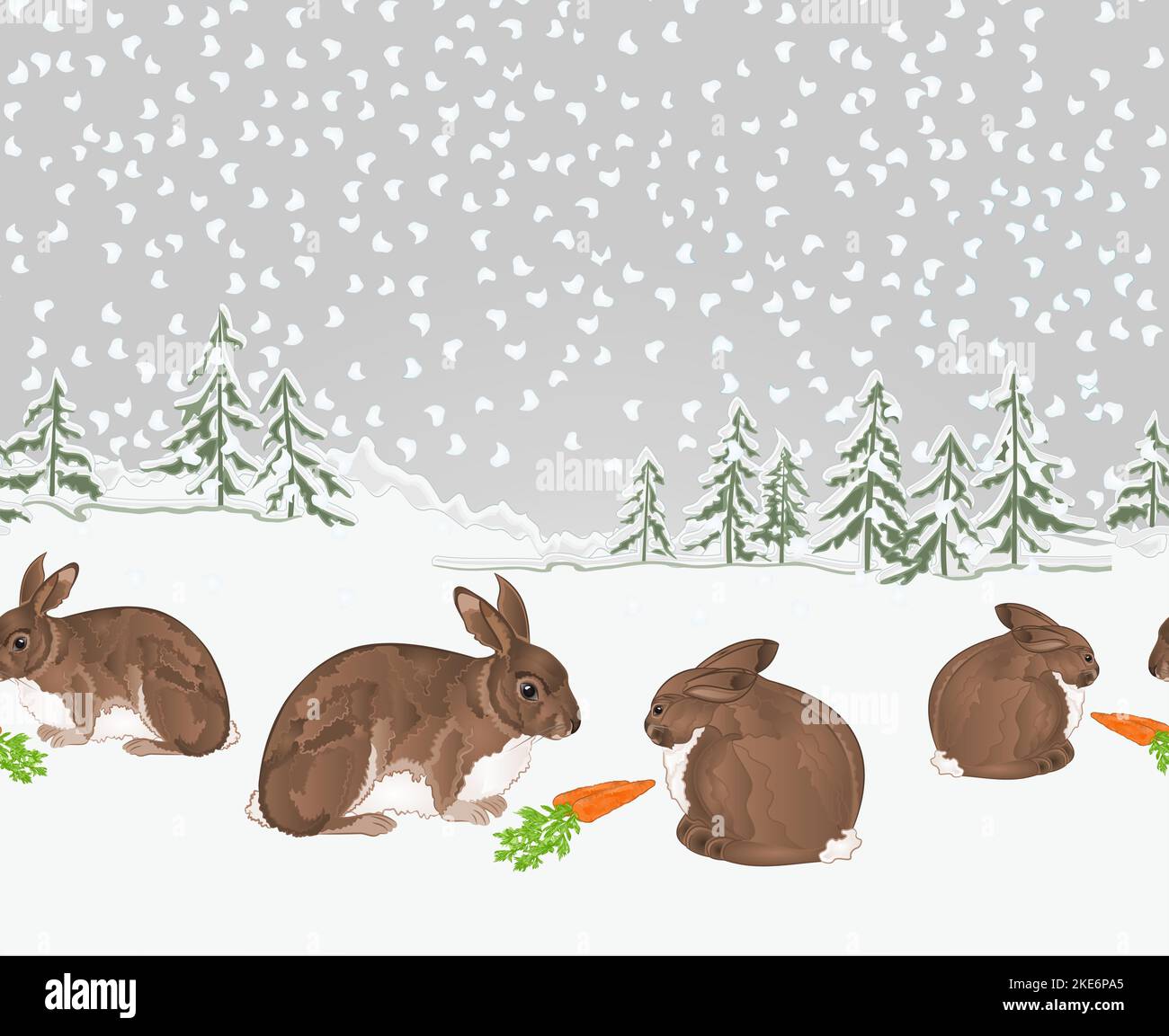 Border winter landscape forest with snow and rabbits christmas theme ...