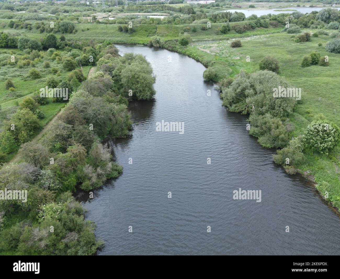 An aerial shot of the River Mersey in Warrington with Woolston Eyes ...