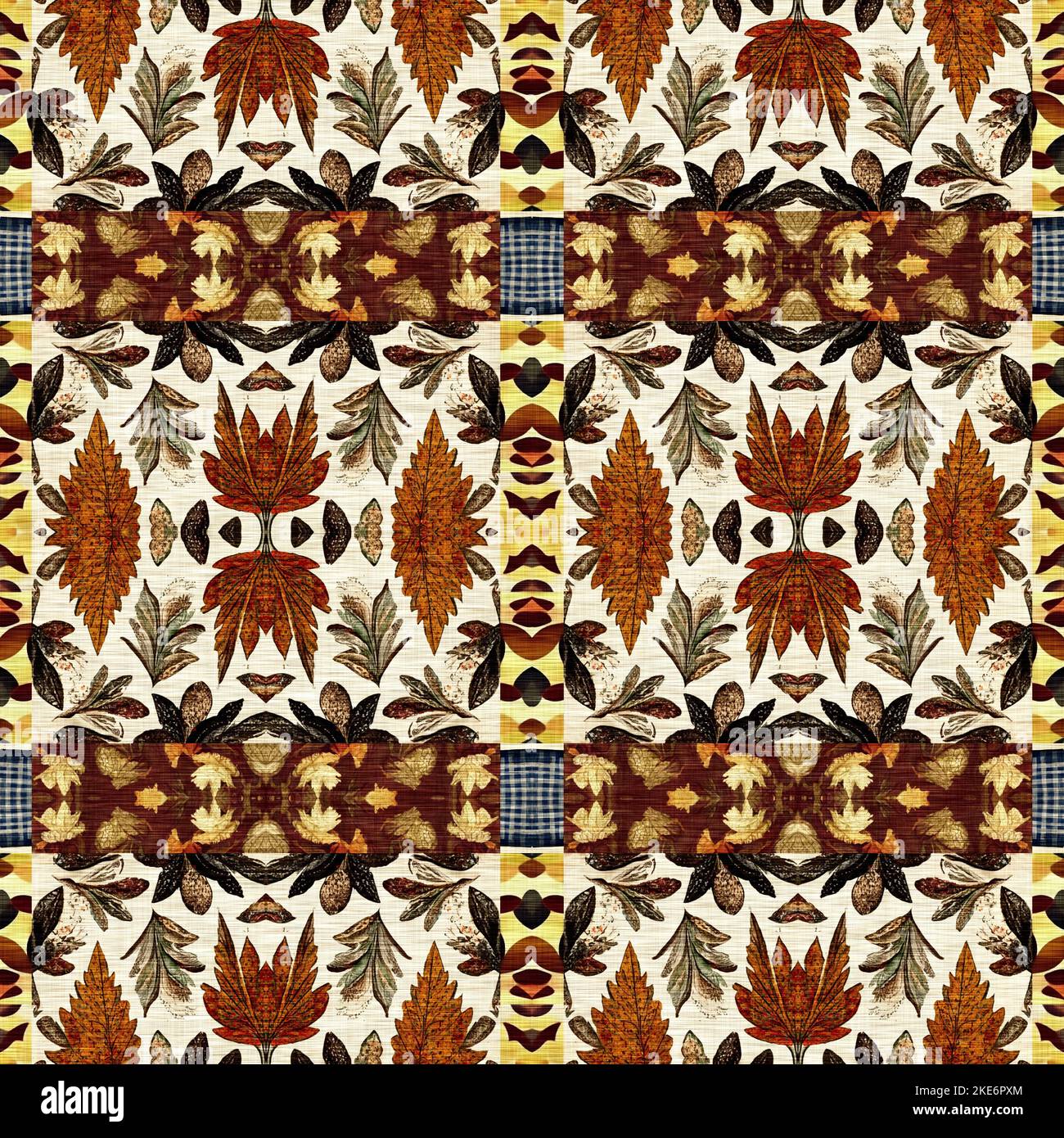 Autumn leaf quilt style vintage seamless pattern. Homely cottage core ...